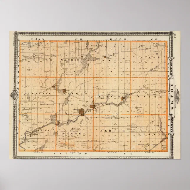 Map of Adams County, State of Iowa Poster | Zazzle