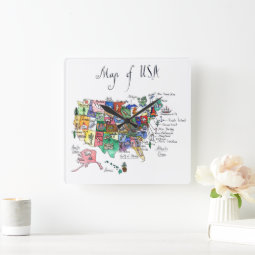 Map of Attractions of United States of America Square Wall Clock | Zazzle
