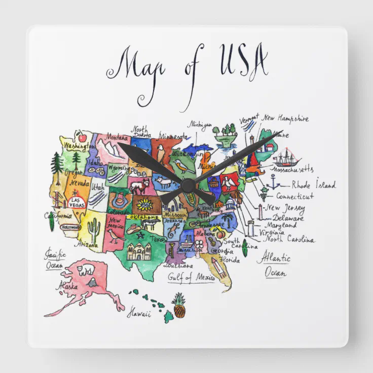 Map of Attractions of United States of America Square Wall Clock | Zazzle