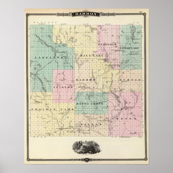 Map of Barron County, State of Wisconsin Poster | Zazzle.com
