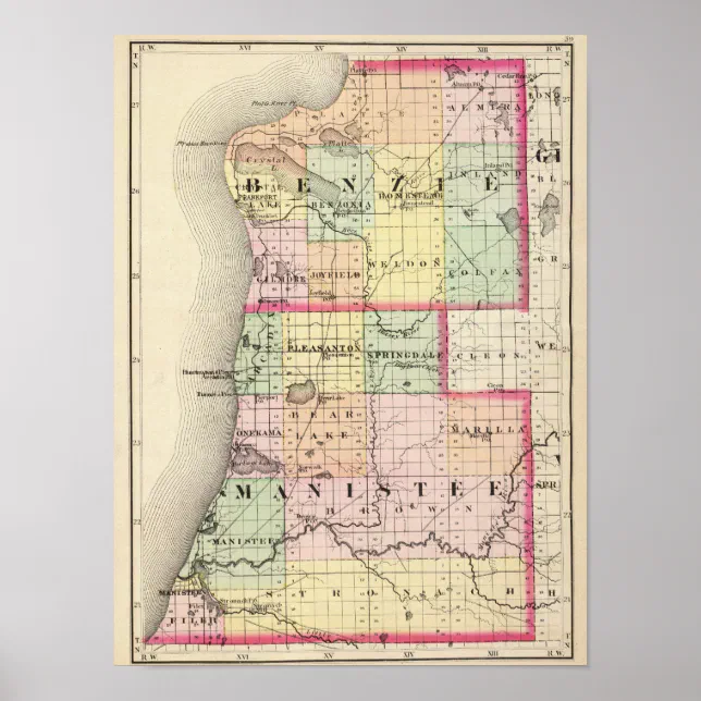 Map of Benzie and Manistee counties, Michigan Poster | Zazzle