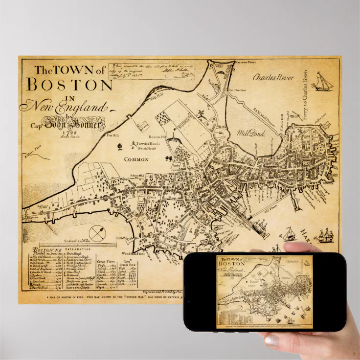 MAP of BOSTON - OLDEST KNOWN 1722 Poster | Zazzle