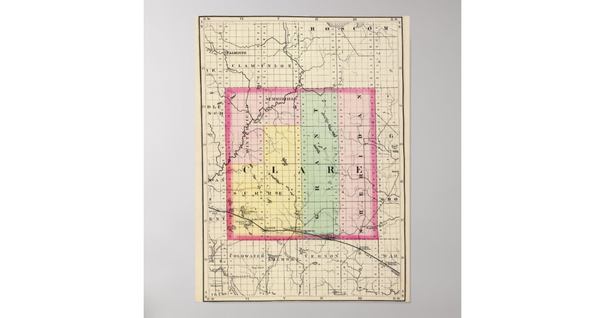 Map of Clare County, Michigan Poster | Zazzle