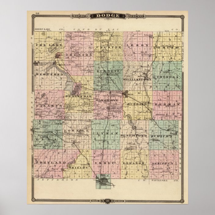 Map of Dodge County, State of Wisconsin Poster | Zazzle.com