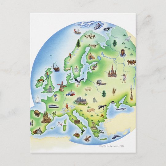 Map of Europe with illustrations of famous Postcard | Zazzle.com