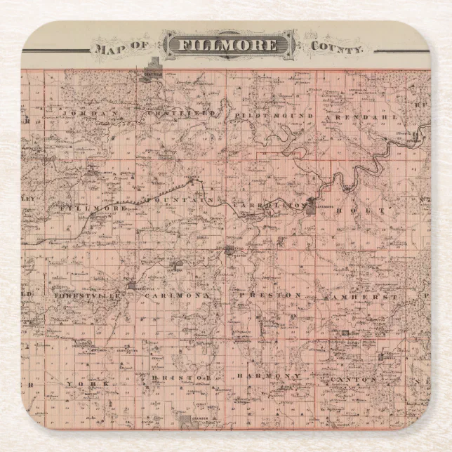 Map of Fillmore County, Minnesota Square Paper Coaster | Zazzle