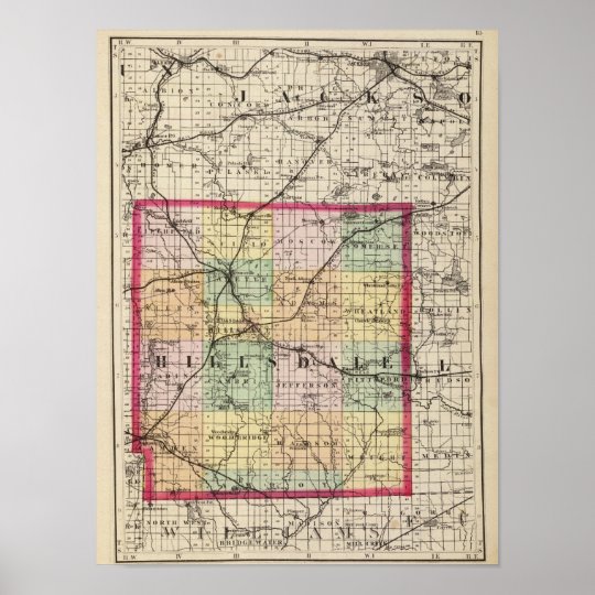 Map of Hillsdale County, Michigan Poster | Zazzle.com