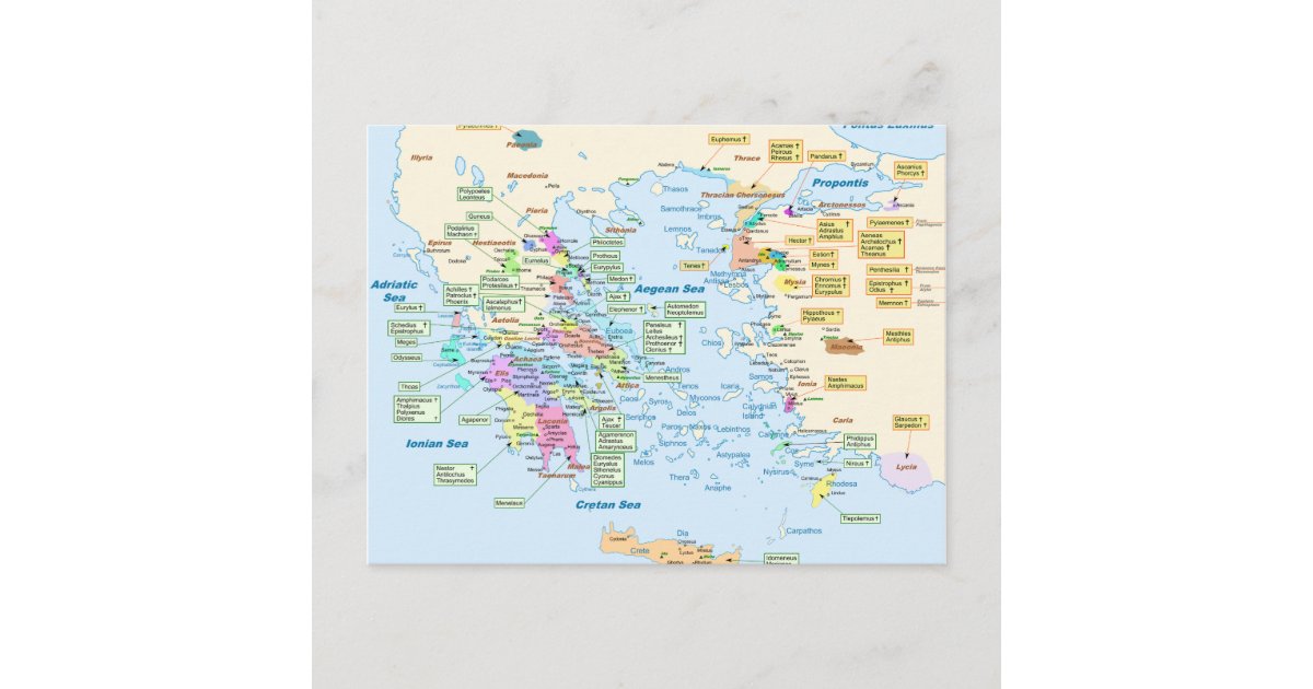 Map of Homeric Era Greece with English labels Postcard | Zazzle