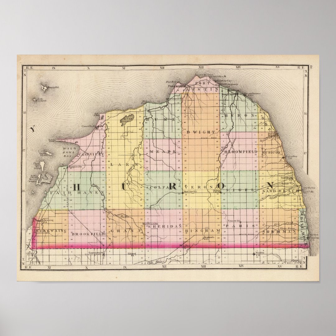 Map Of Huron County Michigan Poster Zazzle 8060