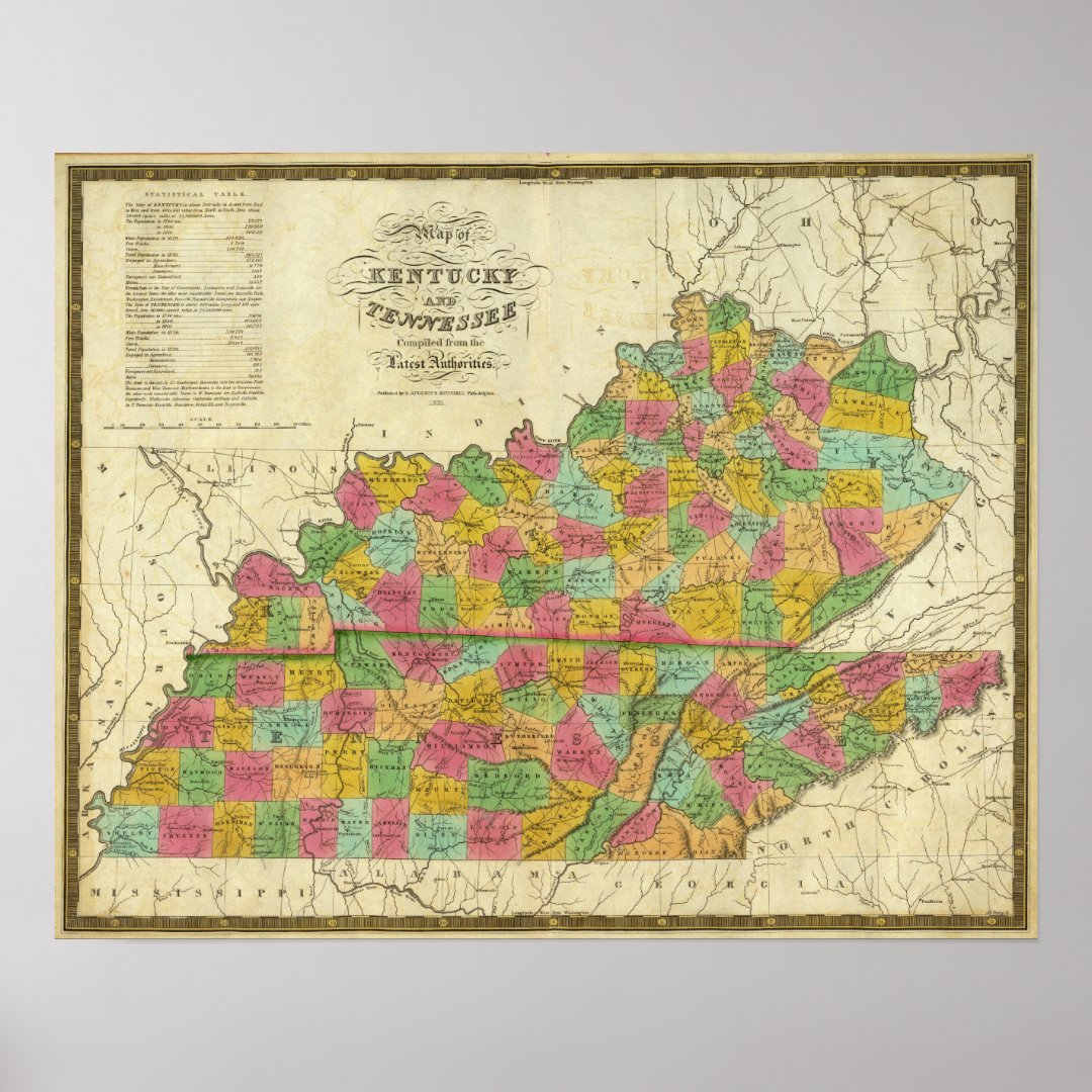 Map of Kentucky and Tennessee Poster | Zazzle