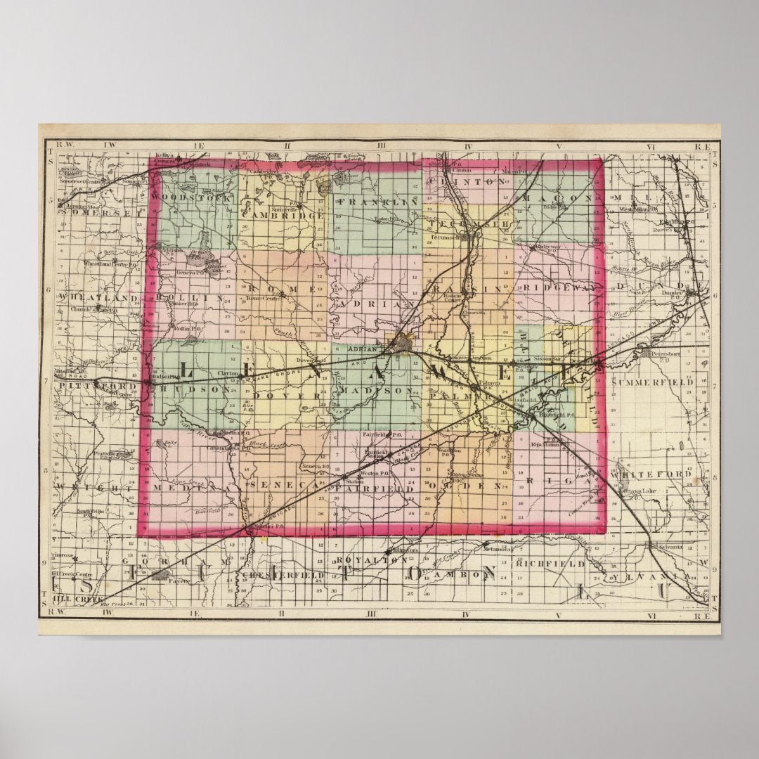 Map of Lenawee County, Michigan Poster | Zazzle