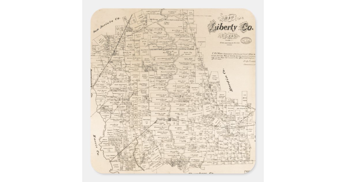 Map of Liberty County, Texas (1879) Square Sticker | Zazzle