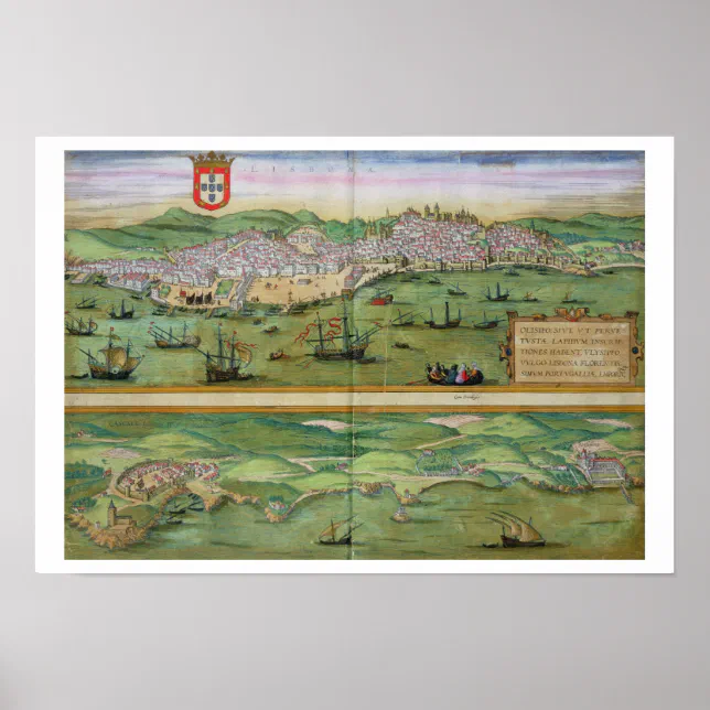 Map of Lisbon, and Cascais, from 'Civitates Orbis Poster | Zazzle