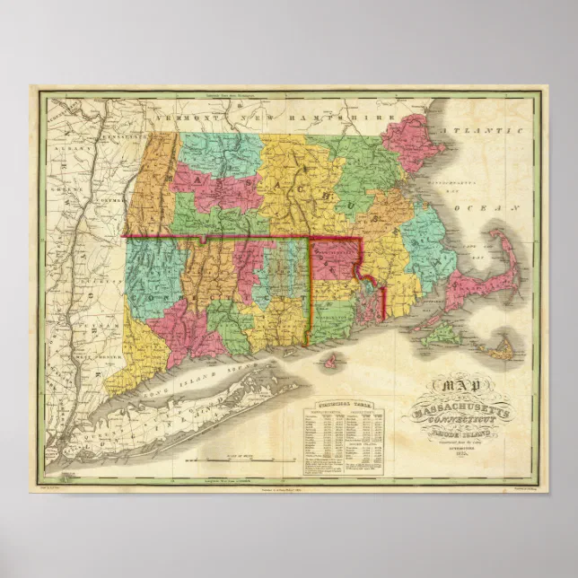 Map of Massachusetts Connecticut And Rhode Island Poster | Zazzle