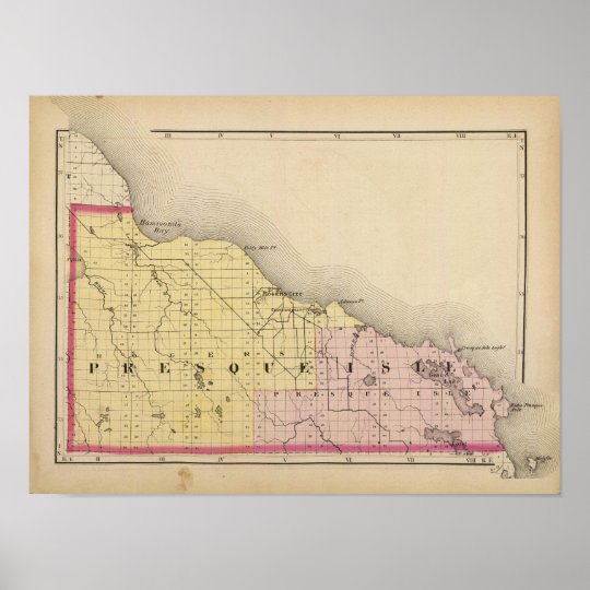 Map of Presque Isle County, Michigan Poster | Zazzle.com