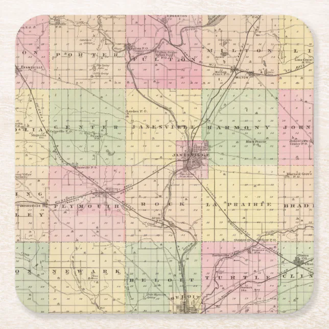 Map of Rock County, State of Wisconsin Square Paper Coaster | Zazzle
