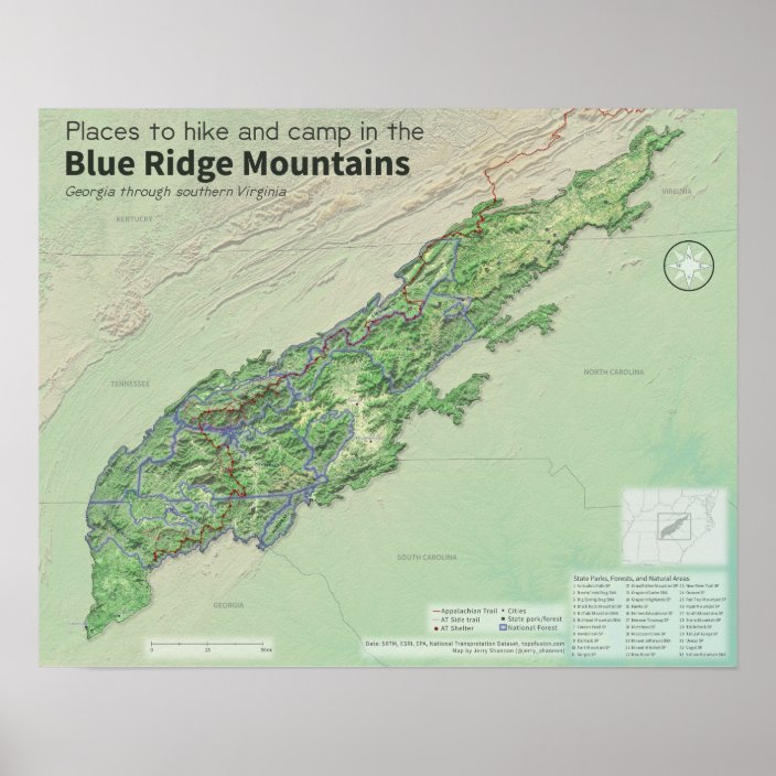 Map of southern Blue Ridge Mountains Poster | Zazzle.com