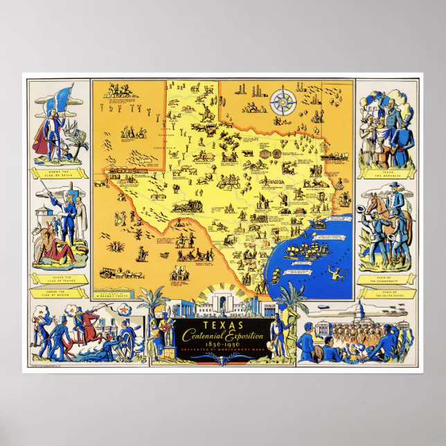 Map of Texas from the Centennial Exposition in 183 Poster | Zazzle