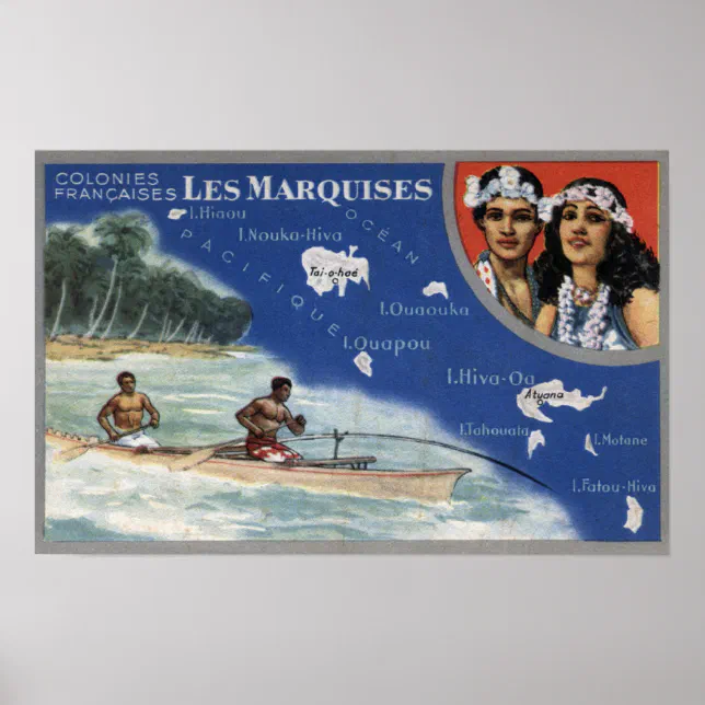 Map of the Islands, Natives in a Canoe Poster | Zazzle