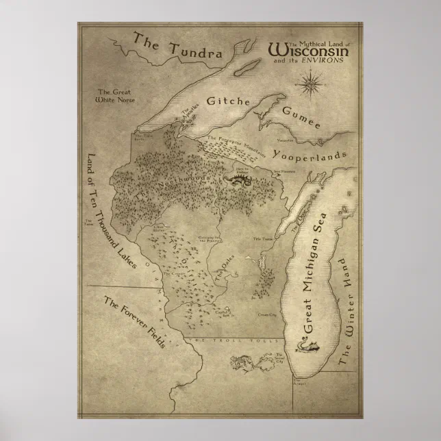 Map of the Mythical Land of Wisconsin Poster | Zazzle