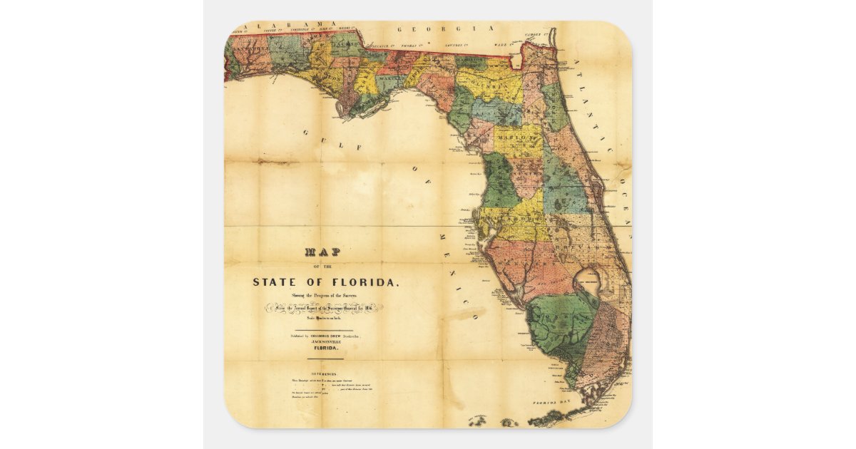 Map of the State of Florida (1856) Square Sticker | Zazzle