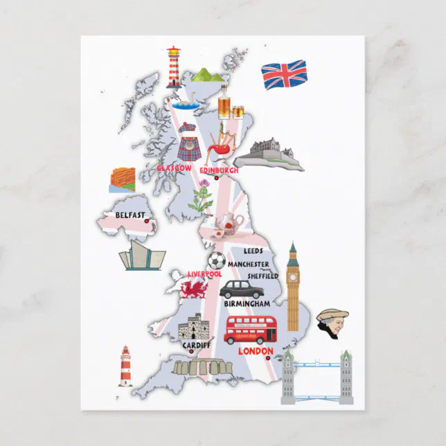 MAP OF UK ILLUSTRATED MAP OF UNITED KINGDOM POSTCARD | Zazzle