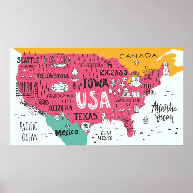 Map Of Usa | Cute Doodle Design Poster | Zazzle