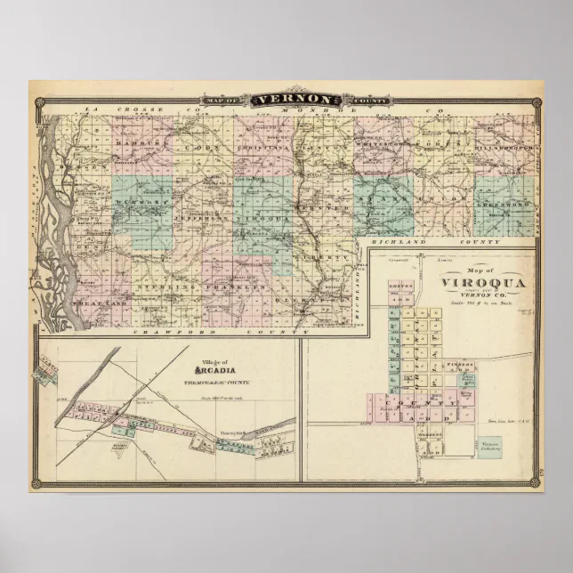 Map of Vernon County, Arcadia and Viroqua Poster | Zazzle