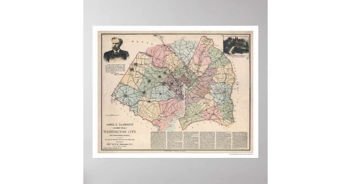 Map of Washington DC Suburbs by Clements 1891 Poster | Zazzle