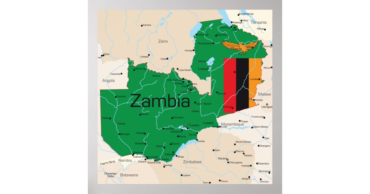 Map Of Zambia Poster | Zazzle
