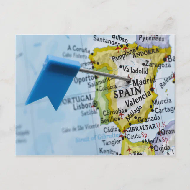 Map pin placed in Madrid, Spain on map, close-up Postcard | Zazzle
