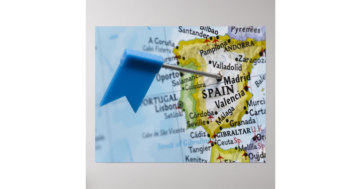 Map pin placed in Madrid, Spain on map, close-up Poster | Zazzle