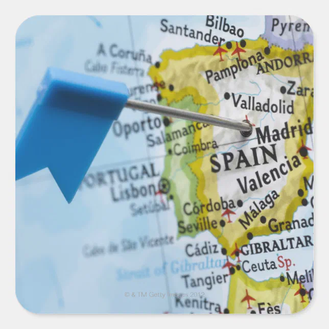 Map pin placed in Madrid, Spain on map, close-up Square Sticker | Zazzle