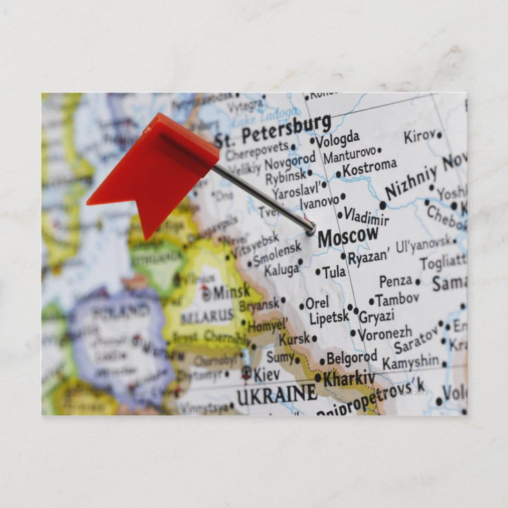 Map pin placed in Moscow, Russia on map, Postcard | Zazzle