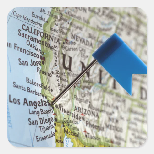 Map pin placed on Los Angeles, California on Square Sticker | Zazzle