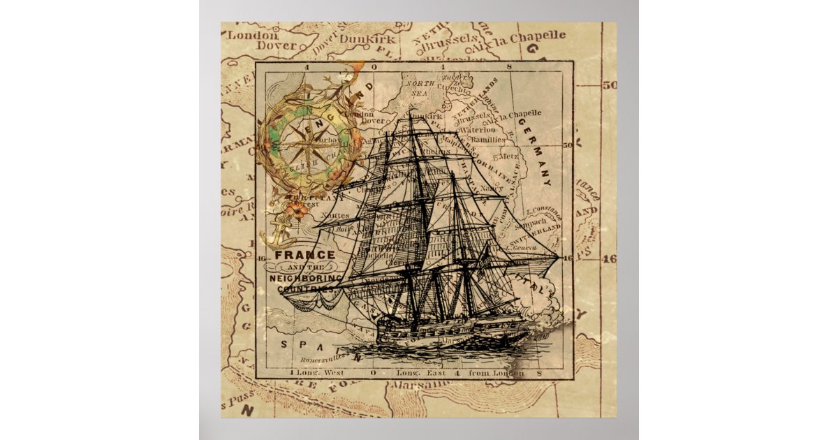 Map Retro Sailing Ship Design Poster | Zazzle