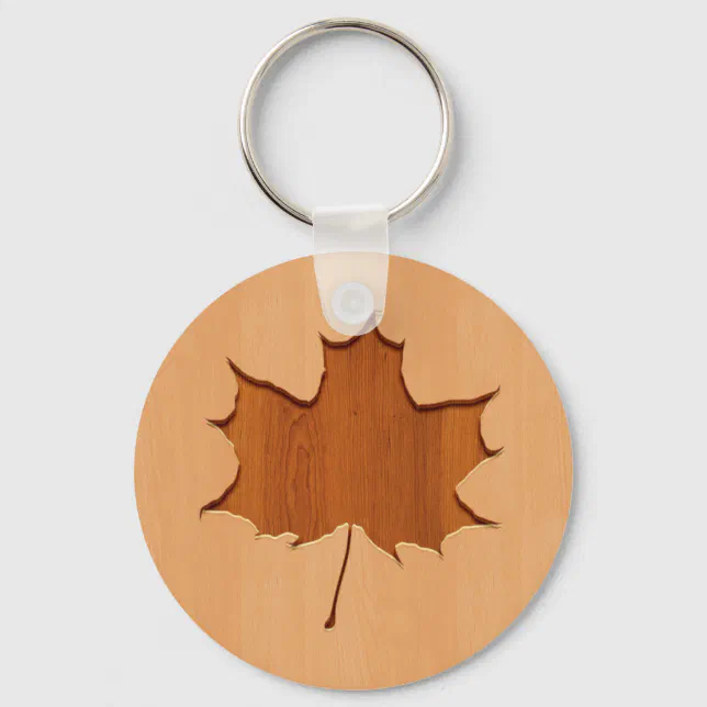 Maple leaf engraved on wood design keychain | Zazzle