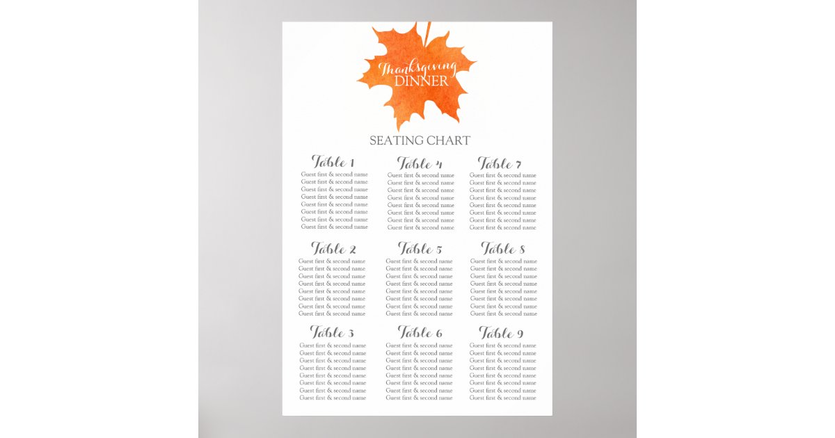 Maple leaf thanksgiving dinner Table Planner 1-9 Poster | Zazzle