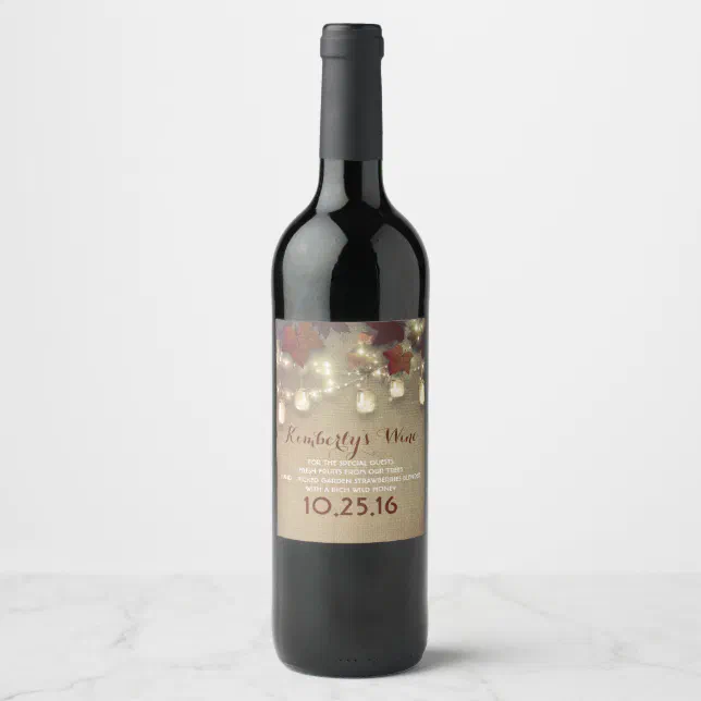 Maple Leaves and String Lights Rustic Fall Wedding Wine Label | Zazzle