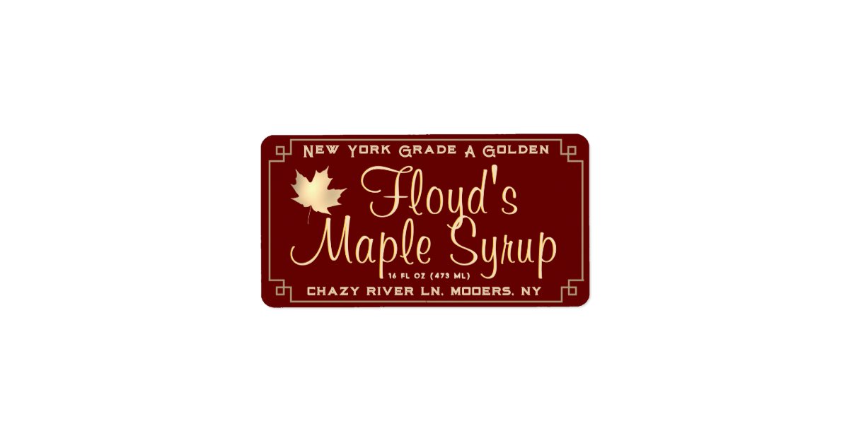 Maple Syrup Address Label with Gold Leaf on Red | Zazzle