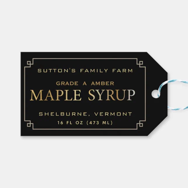 Maple Syrup Black and Gold Border product tag | Zazzle