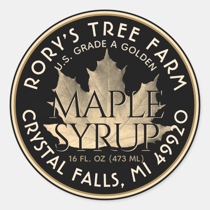 Maple Syrup Gold and Black Maple Leaf Classic Round Sticker | Zazzle