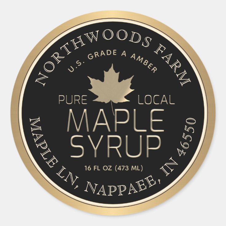 Maple Syrup Gold Leaf Custom Black Gold Border Classic Round Sticker ...