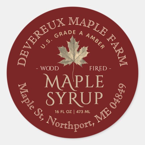 Maple Syrup Gold Maple Leaf on Red Custom Label | Zazzle