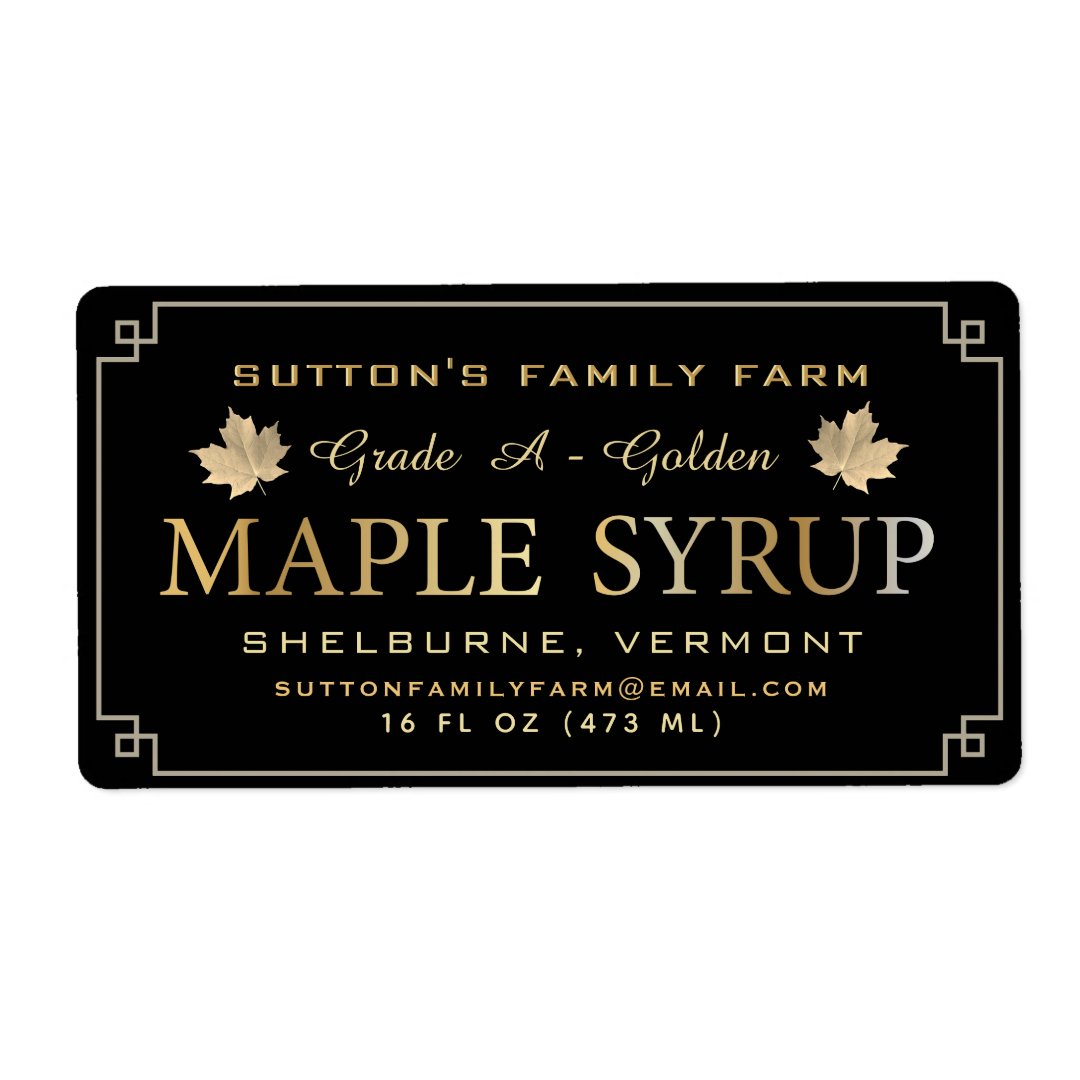 Maple Syrup Label Black and Gold Leaves and Border | Zazzle
