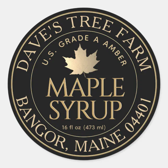Maple Syrup on Black with Gold Maple Leaf Classic Round Sticker | Zazzle
