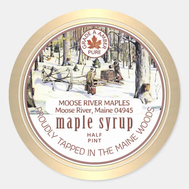 Maple Syrup Tapped Trees Maple Leaf Gold Border Classic Round Sticker ...