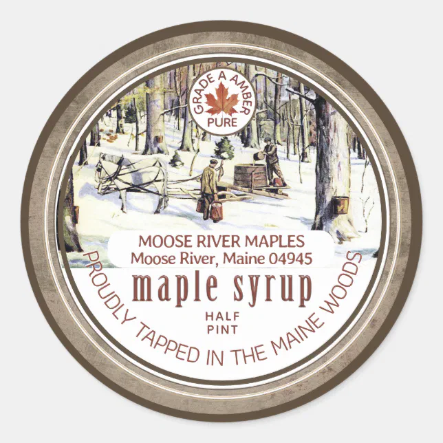 Maple Syrup Tapped Trees Maple Leaf Grunge Border Classic Round Sticker ...
