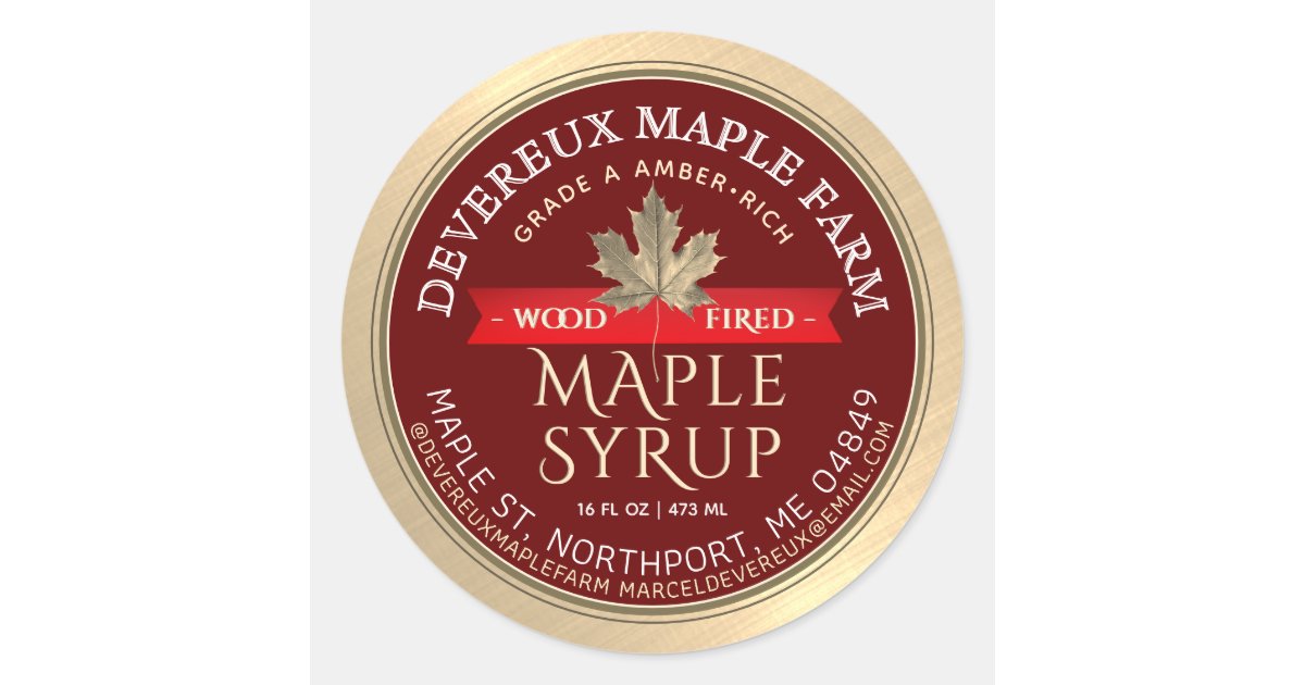 Maple Syrup Wood Fired Red Banner Gold Leaf Clas Classic Round Sticker ...