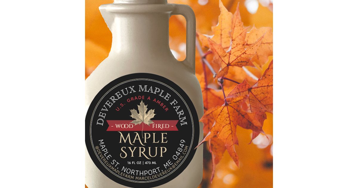 Maple Syrup Wood Fired Red Banner Gold Leaf Classic Round Sticker | Zazzle
